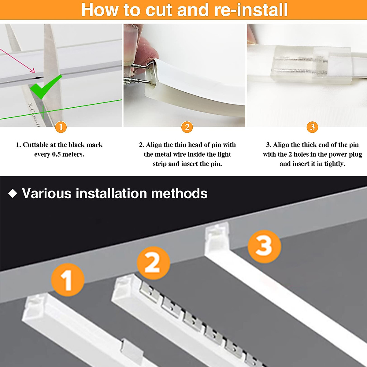 qnnp LED Neon Rope Light 16.4ft/5m LED Lights Strip AC110-120V Waterproof Cuttable Flexible Neon Strip Lights for Indoor&Outdoor Decoration Kitchen Bedroom Garden Hotel (Power Adapter Included)