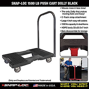 SNAP-LOC 1500 LB Push CART Dolly Black with Steel Frame, 4 inch Casters, Push Bar and Optional E-Strap Attachment