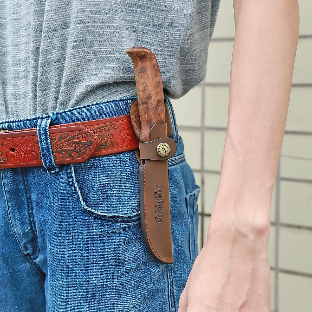 TOURBON Brown Leather Fixed Blade Knife Sheath with Snap Closure