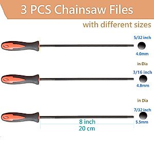 SKZIRI Chainsaw File Set with 3 Sizes 5/32, 7/32, 3/16 inch, 3PCS Chainsaw Sharpener Set Tool Kit Chain Sharpening File Sharpening File Steel with Plastic Handle Round Files for Chainsaw Chain