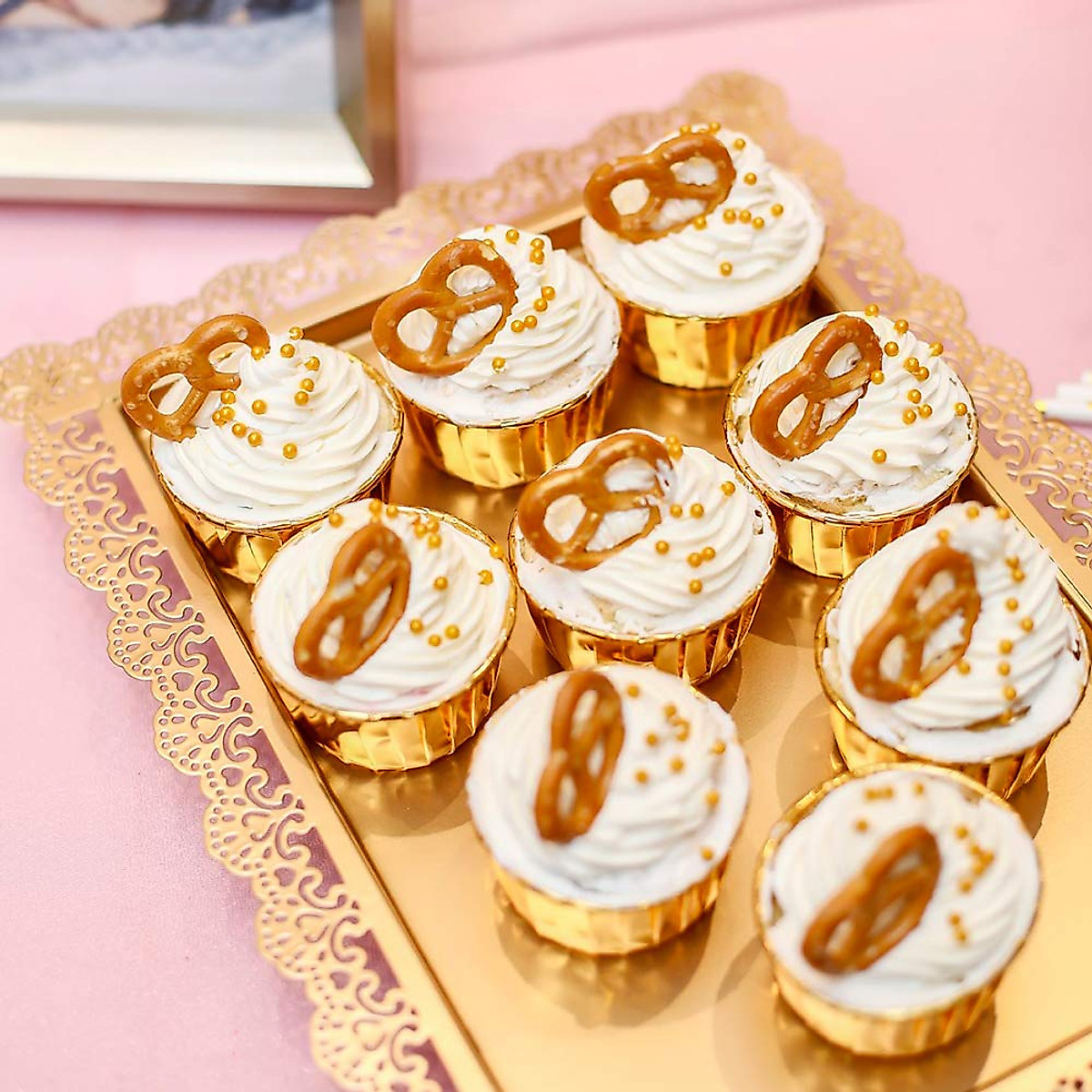 2Pcs Iron Cupcake Plate Dessert Serving Tray Fruit Platter for Halloween Tea Party Brithday Party Wedding Baby Shower Rectangle Gold