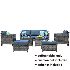 ovios Patio Coffee Table Outdoor Table Wicker Rattan Patio Table with Glass Top Garden Tea Table Side Table for Yard Garden Porch, Grey Wicker