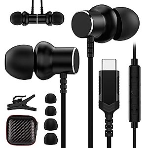 USB C Headphones, ACAGET Wired Earbuds for Galaxy S21 Plus Type C Magnetic Earphones with Mic HiFi Stereo Headset Volume Control Headphone for Samsung S22 S23 Ultra S20 FE A53 Pixel 7 6 iPad Pro Black