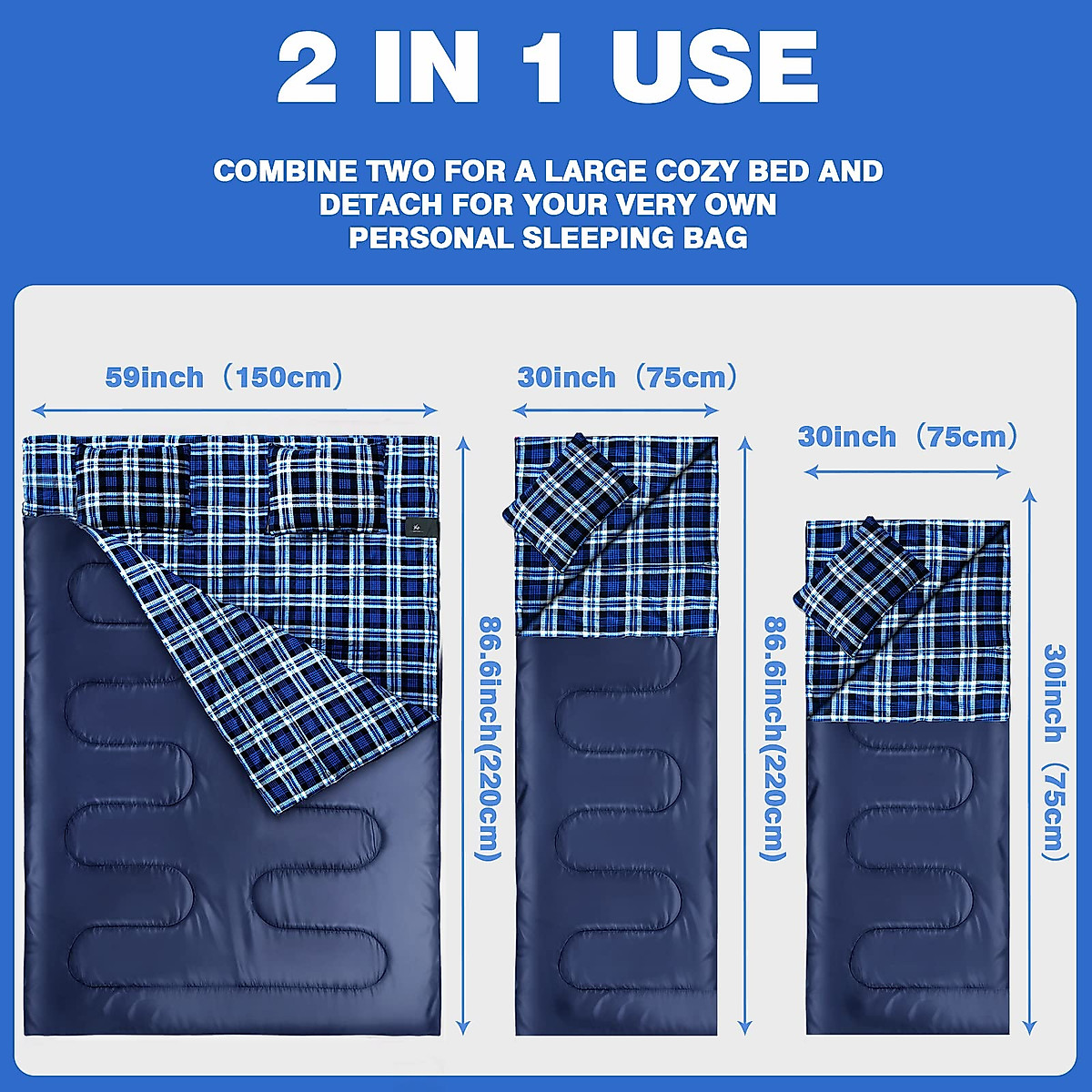 BESTEAM Double Sleeping Bag Flannel for Adults Kids, Queen Size for 2 Person with 2 Pillows, Warm & Cold Weather Sleeping Bag for Camping, Hiking, Waterproof Lightweight with Compression Sack