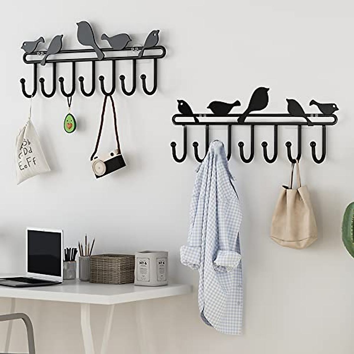 Coat Rack Wall Mount Birds Hook, Entryway Key Holder Black Wall Metal Hooks for Hanging Coats Towels Hat Clothes Keys Pet Leash Bag Umbrella Heavy 5 Bird Decorative Modern 7 Hooks