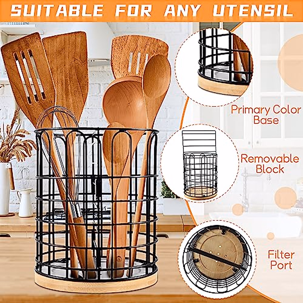 DeaLott Kitchen Utensil Holder for Countertop, 7.28'' Large Cooking Utensils Holder with Bamboo Base, Black Metal Wire Utensil Holder for Countertop, Kitchen Countertop Utensil Organizer
