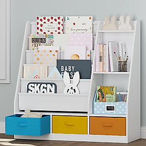 UTEX 5-Tier Kids Sling Bookshelf with Storage Bins, Wood Children Bookcase, Toddler Montessori Book Shelf for Kids Room, Classroom, Bedroom, and Nursery, White