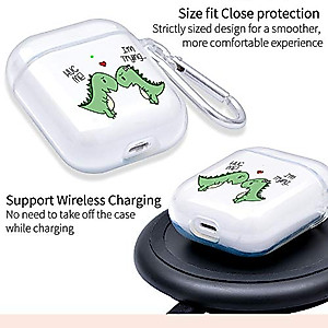 JOYLAND Soft Clear Case Cover for AirPod 1&2 w/Keychain Ring Carabiner Clip,Dinosaur Couple Case Transparent Wireless Earphone Case Smooth Anti-dust Flexible Silicone Protective Cover fr AirPods 1 & 2