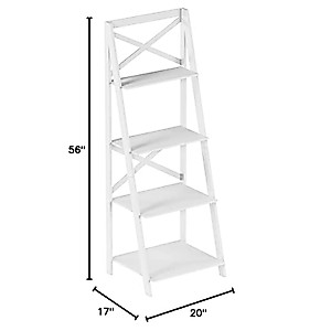 Lavish Home 4-Tier Ladder Bookshelf – Freestanding Wooden Bookcase – X-Back Frame and Leaning Look Decorative Shelves for Home and Office (White) Set of 1