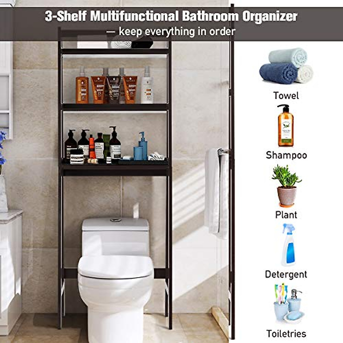 Tangkula Bathroom Space Saver, Over The Toilet Storage Rack, Free Standing 3-Shelf Bathroom Organizer, Multifunctional Bathroom Toilet Rack (Brown)