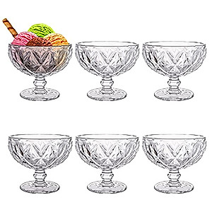 Lawei Set of 6 Glass Dessert Bowls, 10 Oz Footed Ice Cream Sundae Cups, Vintage Embossed Thick Dessert Dishes, Clear Crystal Glass Serving Bowls for Parfait, Dessert, Snack, Cocktail, Cereal, Fruit
