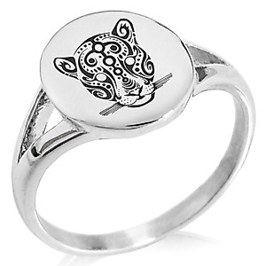 Tioneer Stainless Steel Mayan Jaguar Rune Symbol Minimalist Oval Top Polished Statement Ring, Size 9