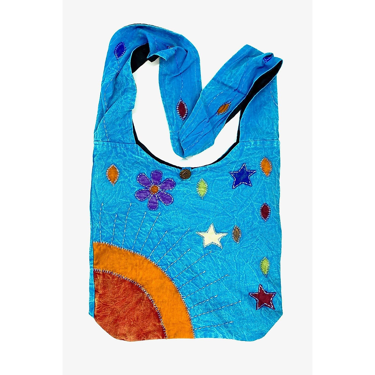 Elements of Nature Bohemian Hand-Stitched Hippie Hippy Shoulder Crossbody Monk Handbag in Blue Large