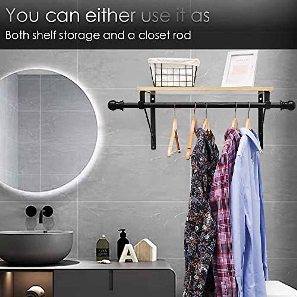 Closet Rod Brackets Heavy Duty with 46” Rod, Closet Shelf Brackets with Rod Holder, Closet Brackets for Both Shelf Storage and Closet Rod, Black Closet Shelf Support Pole Holder, 3 Pack