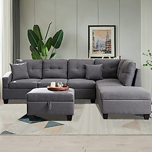 Unovivy Large Sectional Couches for Living Room, 109" L Shaped Upholstered Sofa with Chaise, Ottoman and Cup Holders, 3-Piece Fabric Furniture Sets, Suitable Space & Apartment, Light Gray
