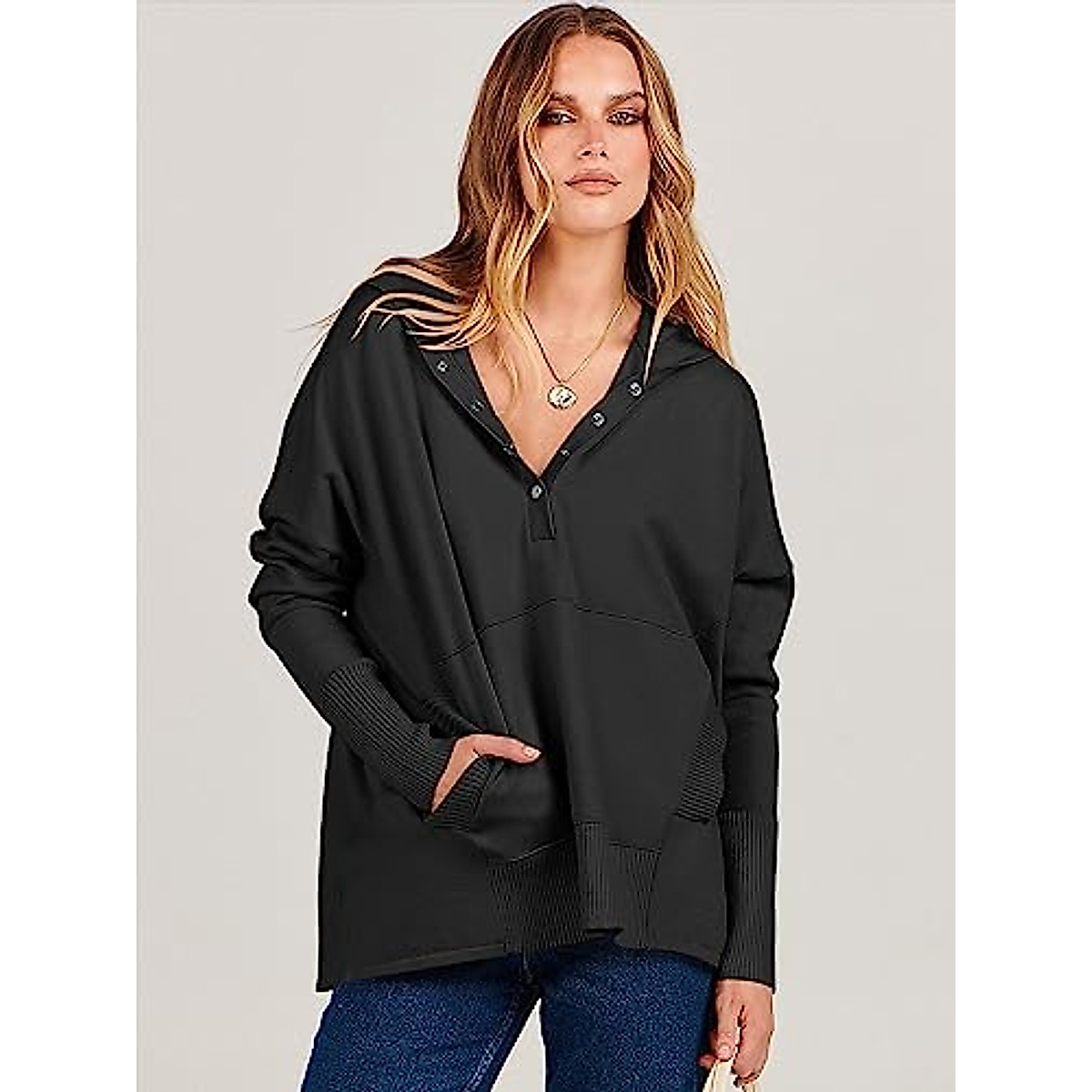 ANRABESS Women Casual Henley Hoodies Oversized Sweatshirt Ribbed Knit Long Sleeve Shirts Buttons V Neck Loose Baggy Sweater Hooded Pullover Fashion 2023 Fall Clothes 1064heise-S Black