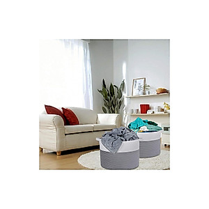 Actume XXXL Cotton Rope Basket 21" X 21" X 14" Decorative Woven Basket, Laundry Baskets for Blanket Toys Towels Nursery Hamper Bin with Handle, Grey White