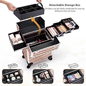 Yaheetech Rolling Makeup Train Case Professional Aluminum Cosmetic Case Large Storage Makeup Trolley with 4 Detachable Removable Wheels, 4 Trays and 1 Cubby with Sliding Rail - Holographic Gold