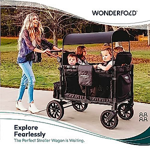 WONDERFOLD W4 Luxe Quad Stroller Wagon Featuring 4 High Face-to-Face Seats with Magnetic Buckle 5-Point Harnesses and Adjustable/Removable UV-Protection Canopy, Black