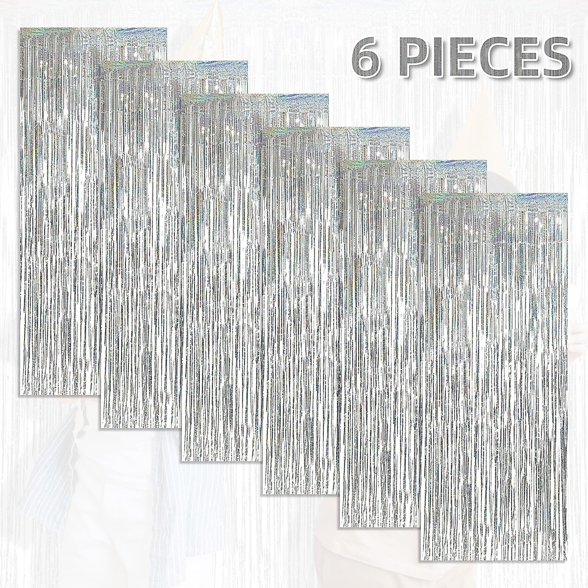 6 Pack Foil Fringe Backdrop Curtains, 3.28 x 8.2 ft Laser Silver Tinsel Streamers Metallic Tinsel Foil Fringe Curtains Photo Booth Backdrop for Birthday Bridal Shower Christmas Party Decorations
