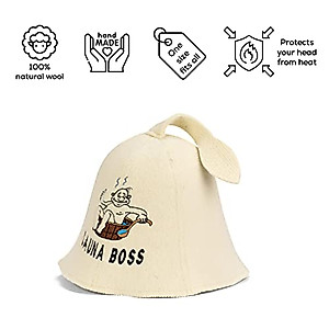 Natural Textile Sauna Hat 'Sauna Boss' White - 100% Organic Wool Felt Hats for Russian Banya - Protect Your Head from Heat - Sauna eBook Guide Included - with Embroidery