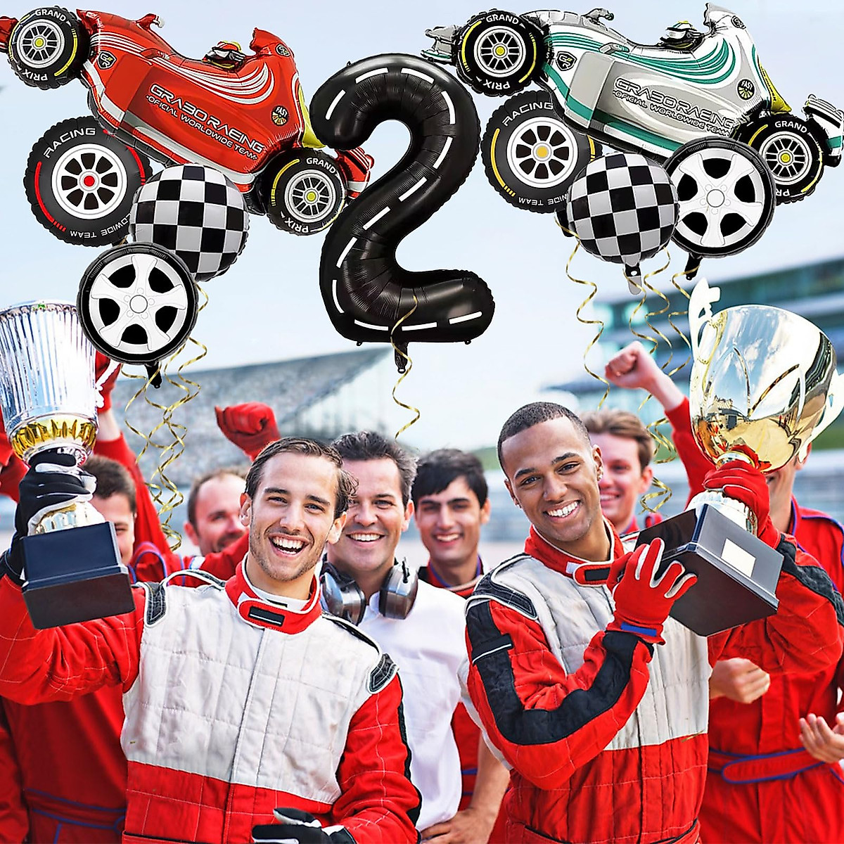 Number 2 Race Car Balloons, 43 Inch Race Car Party Decorations, Wheel Tire Balloons, Black and White Checkered Foil Balloons, Car Balloons for Boys 2nd Birthday Party Decoration - Pack of 9