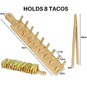 Bamboo Taco Tray with Tong, Taco Holder Holds 8, Taco Shell Holder. Design Allows for Multi-Use Food Tray, Charcuterie Tray. Great Housewarming Gift & Kitchen Accessory.