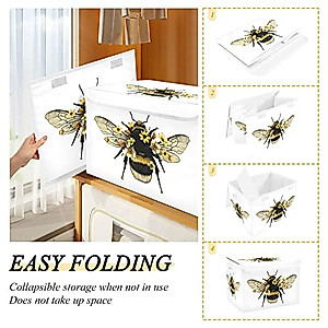 DOMIKING Bee Large Storage Bin with Lid Collapsible Shelf Baskets Box with Handles Organizing Container for Nursery Drawer Shelves Cabinet