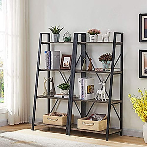 BON AUGURE Rustic Ladder Bookshelf, 4 Tier Industrial Ladder Shelf Bookcase, Standing Leaning Book Shelves for Living Room (Dark Gray Oak)