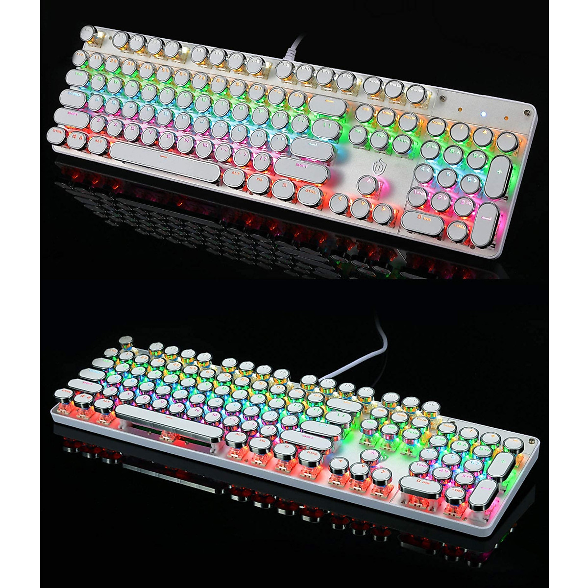 YSCP Typewriter Style Mechanical Gaming Keyboard LED Backlit Wired with Blue Switch Retro Round Keycap 104 Keys Keyboard (White 104 Keys LED)