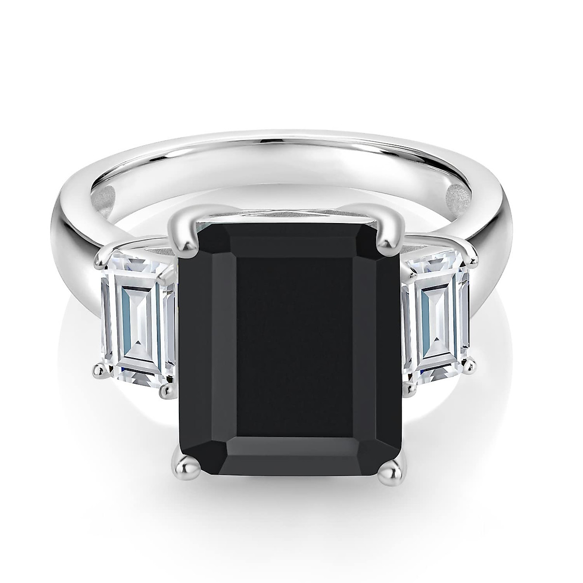 Gem Stone King 925 Sterling Silver Black Onyx and White Moissanite 3 Stone Women Ring (6.91 Cttw, Gemstone Birthstone, Available In Size 5, 6, 7, 8, 9)