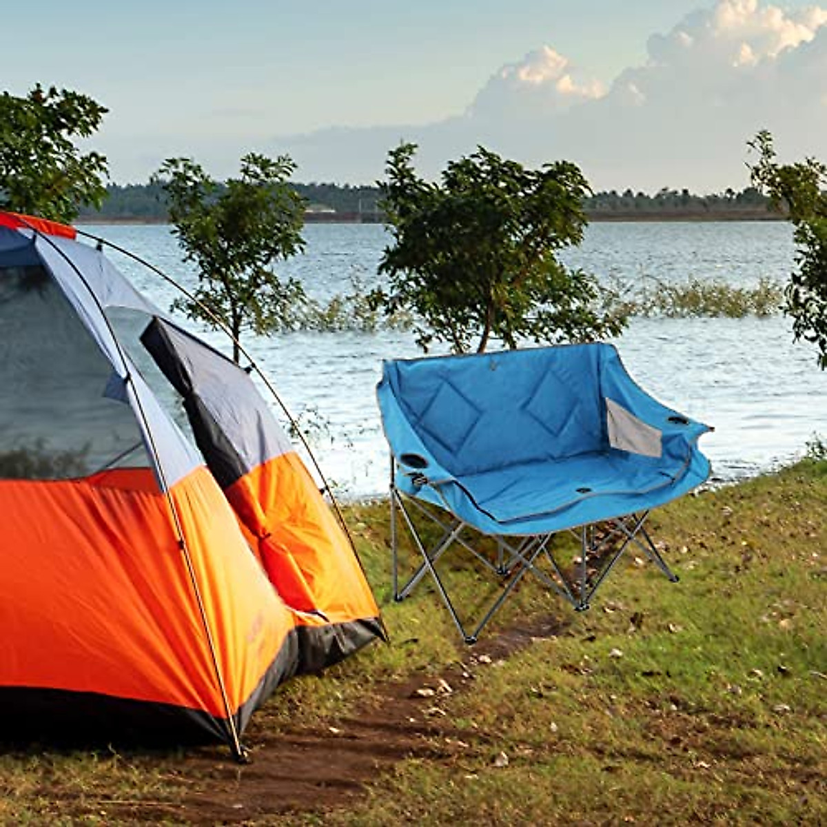 ARROWHEAD OUTDOOR Portable Folding Double Duo Camping Chair Loveseat w/ 2 Cup & Wine Glass Holder, Heavy-Duty Carrying Bag, Padded Seats & Armrests, Supports up to 500lbs, USA-Based Support