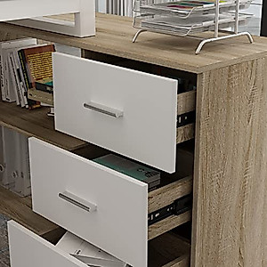 Homsee Home Office Computer Desk Corner Desk with 3 Drawers and 2 Shelves, 55 Inch Large L-Shaped Study Writing Table with Storage Cabinet - Walnut and White