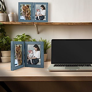 Golden State Art, 5x7 Double Picture Frame Vertical Hinged Photo Frame 2 Opening Folding Family Frames Collage, with Real Glass (5x7, Blue, 1-Pack)