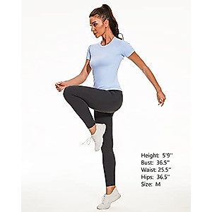 Stelle Women Workout Shirts Seamless Short Sleeve Yoga Tops for Sports Running Breathable Athletic Slim Fit (Short Sleeve-Blue,S)