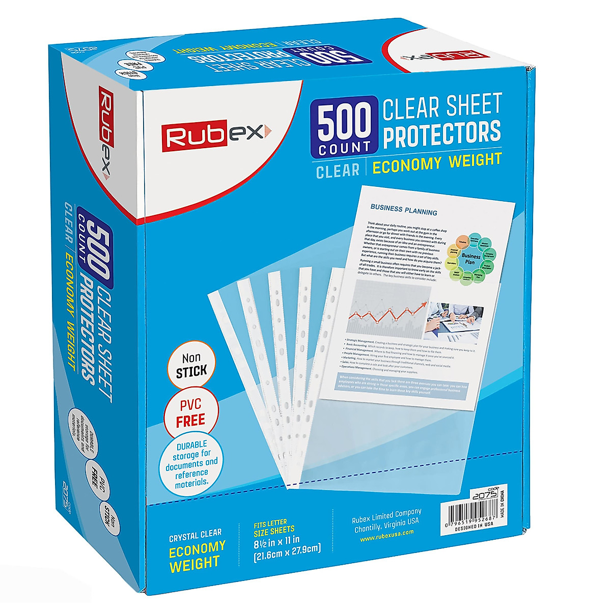 Rubex Sheet Protectors 8.5 x 11 inch Clear Page Protectors Plastic Sleeves Reinforced 11 Hole fit for 3 Ring Binder Top Loading 9.25 x 11.25 inch (500 Sheets)