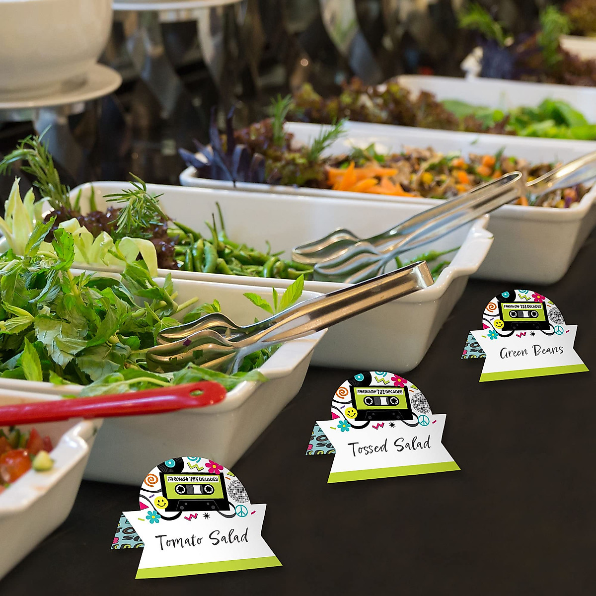 Big Dot of Happiness Through the Decades - 50s, 60s, 70s, 80s, and 90s Party Tent Buffet Card - Table Setting Name Place Cards - Set of 24