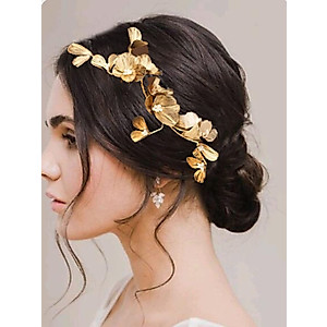 Catery Flower Bride Headband Gold Petal Hair Vine Pearl Bridal Headpiece Floral Golden Leaf Hair Piece Wedding Hair Accessories for Women and Girls