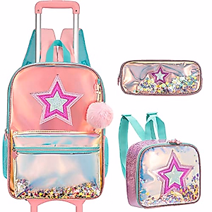 ZBAOGTW Backpack for Girls with Wheels,Rolling Backpack for Girls with Lunch Box and Pencil Bag Girls Trip Luggage