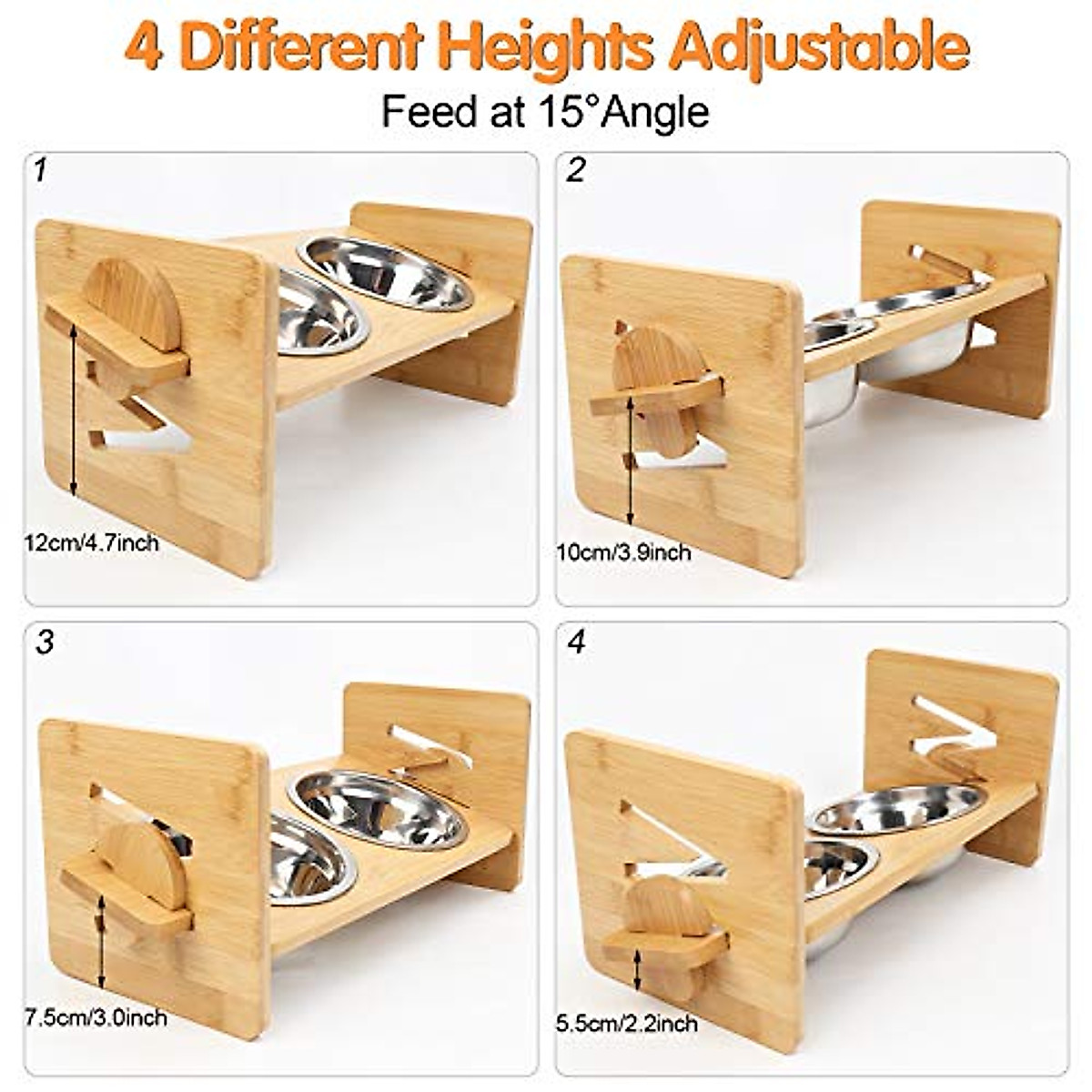 Elevated Dog Bowls,Adjustable 15° Tilted Slanted Raised Pet Food Water Feeder with Stainless Steel Bowl for Small Dogs Cat,French Bulldog Feeding Dishes with Bamboo Stand for Flat Face Puppy