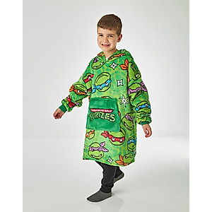 Teenage Mutant Ninja Turtles Boys Wearable Hooded Blanket | Green All Over Print Fleece Hoodie | Pullover Cartoon Loungewear