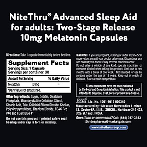 Nite Thru Advanced Sleep Aid Melatonin Dietary Supplement, 10mg Capsules, 60 Count (Pack of 2)