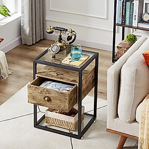 VECELO End Table, Modern Nightstand with Drawer, Night Stand Set of 2 for Bedroom Living Room,Tempered Glass, 23.6" Height, Grey