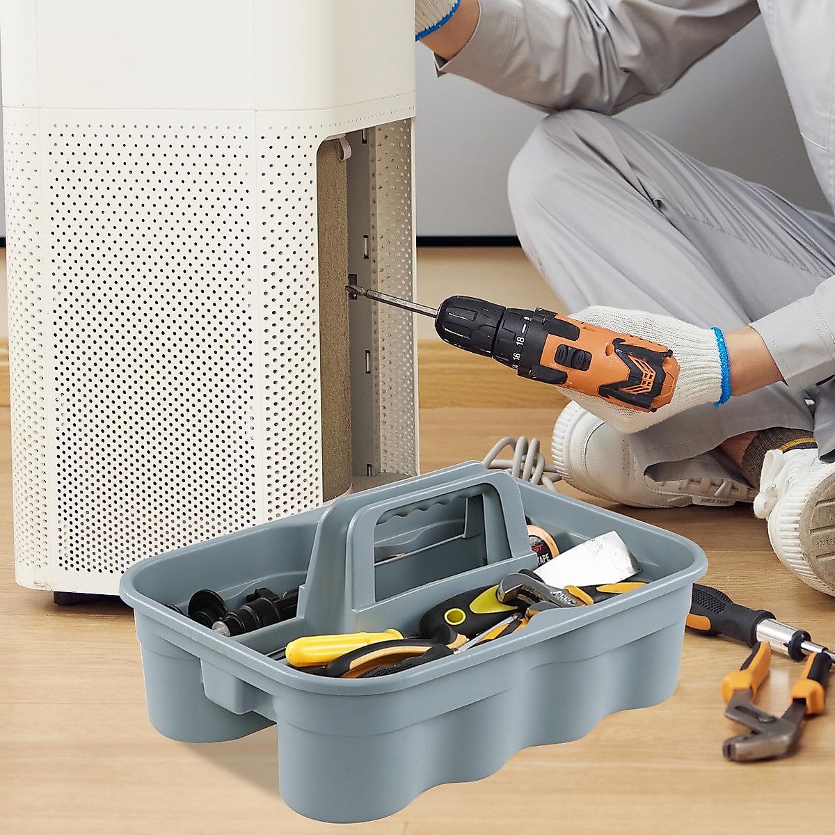 Yarebest 4-Pack Plastic Cleaning Tool Storage Caddy, 2 Compartment Caddy with Handle, Grey