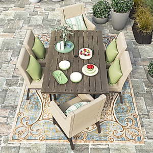 HERA'S HOUSE 7-Piece Outdoor Dining Set, Patio Dining Furniture Set for 6, 64" Rectangular Faux Woodgrain Metal Table with 6 Cushioned Patio Chairs, Patio Table and Chairs for Garden Lawn Backyard