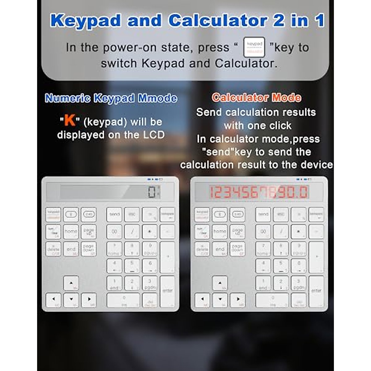 Bluetooth Number Pad with Calculator - Bluetooth + 2.4G Wireless Numeric Keypad Slim 34-Key Portable External Numpad Keyboard Data Entry & Calculate 2 in 1 for Laptop MacBook