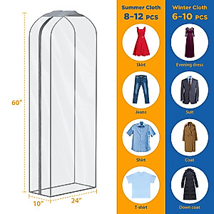 Zilink 10" Gusseted All Clear Hanging Clothes Bag 60" Dress Bags for Gowns Long Garment Bags for Hanging Clothes with Smooth Side Zipper Dust Proof Coat Dress Bags for Storage, 4 Packs