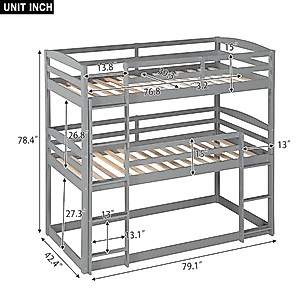 BOVZA Twin Over Twin Over Twin Bunk Bed, Wooden Triple Bunk Bed with Guardrails and Ladders, for Kids and Teens, Gray