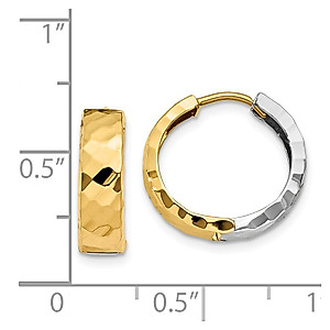 14k Yellow and White Gold Two Tone Textured Hinged Hoop Huggie Earrings - 14mm x 15mm