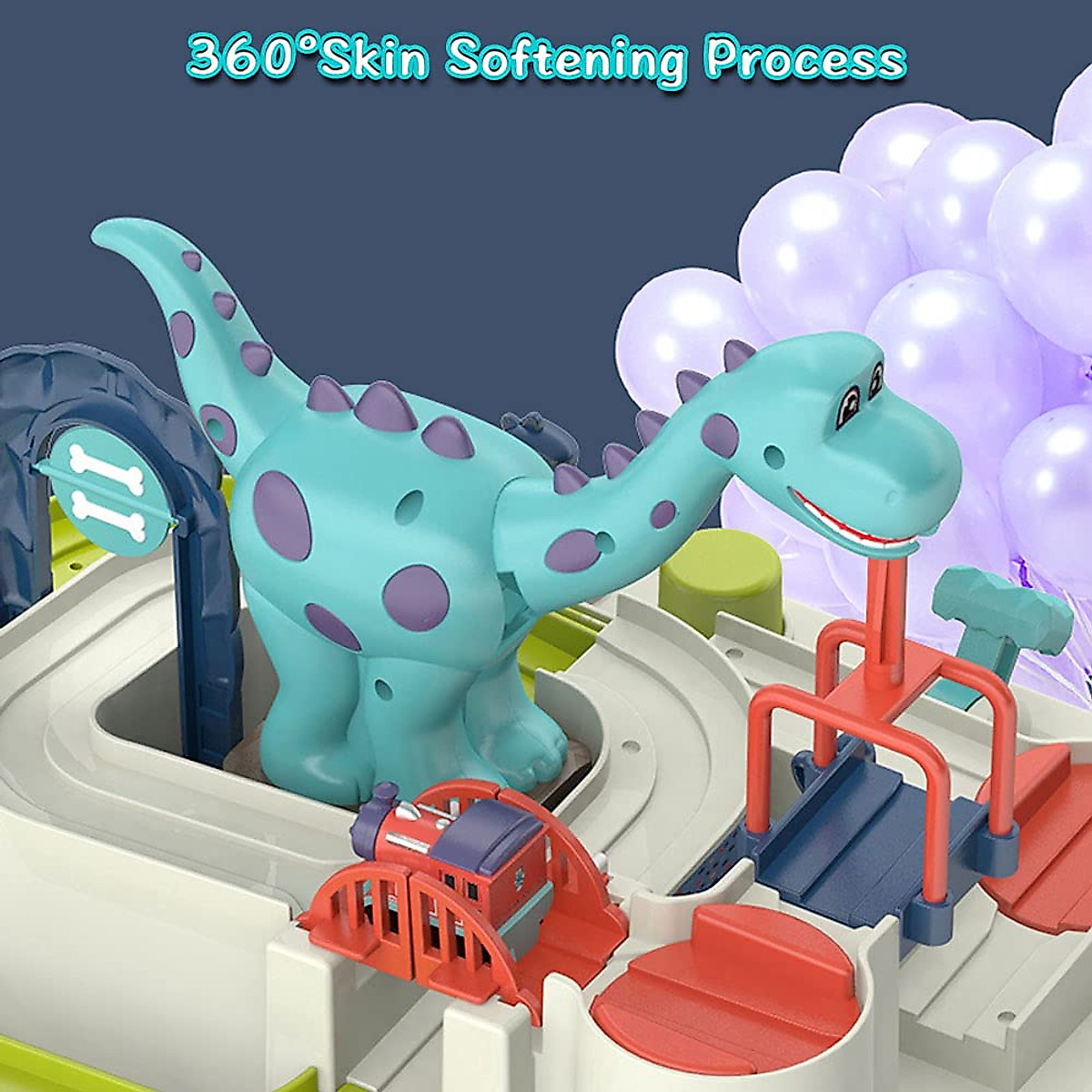 Kids Train Race Track Play Set, Adventure Car Track Toy, Toddler Dinosaur Ramp Vehicle Toys, Interactive Games Vehicle Playset Gifts for Kids